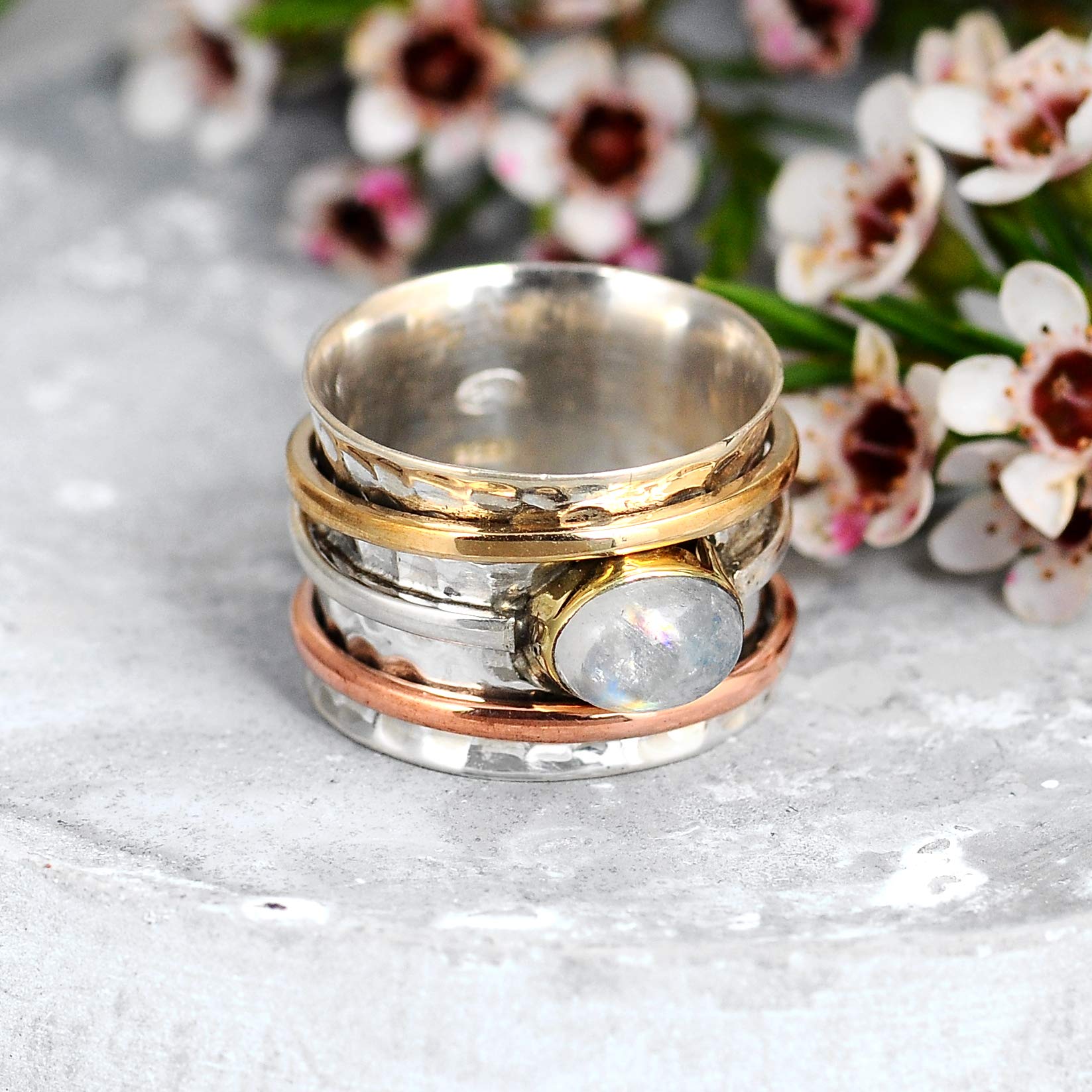 Boho-Magic 925 Sterling Silver Spinner Moonstone Ring for Women with Copper and Brass Fidget Rings Bands (8)