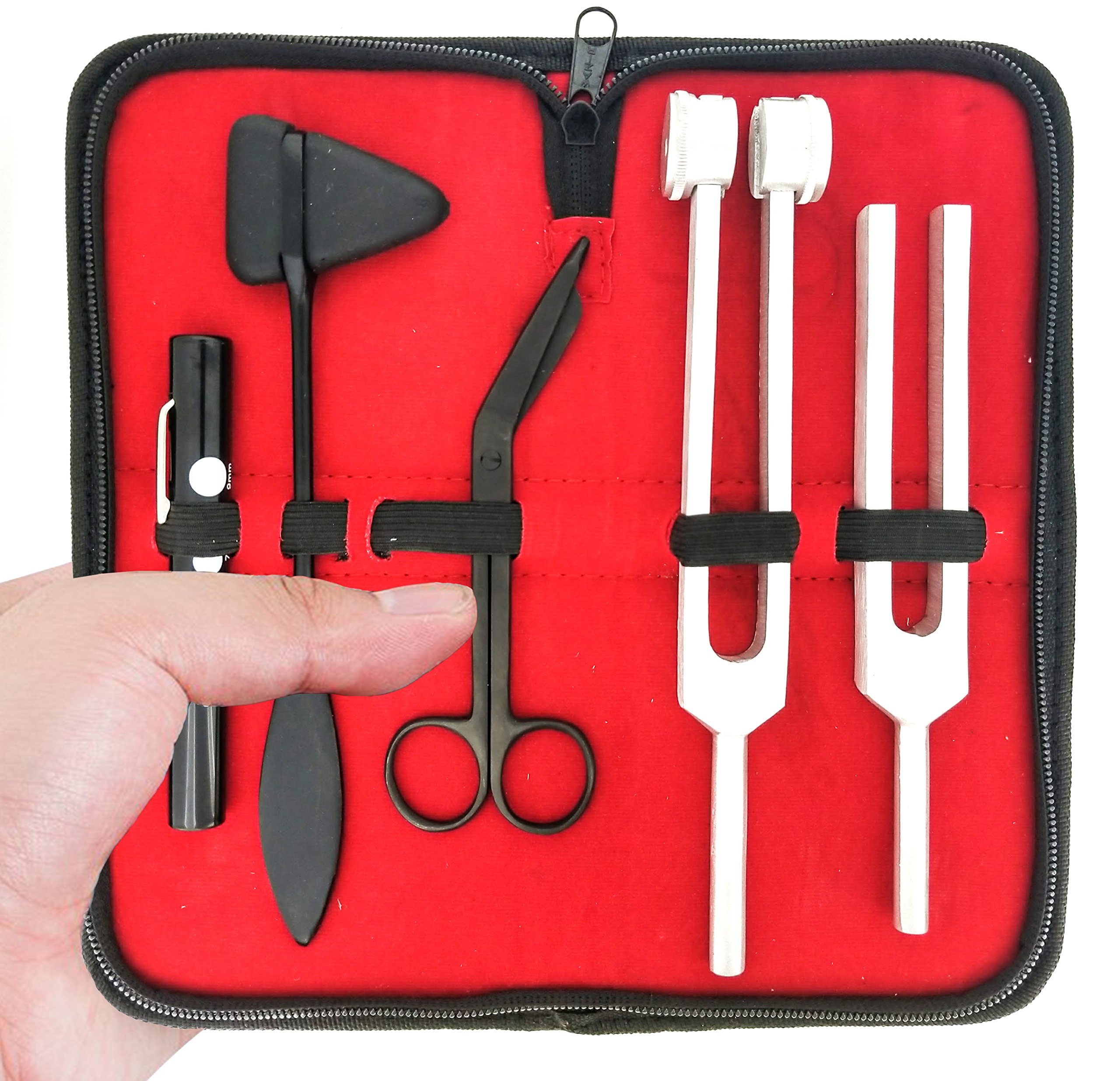 SURGICAL ONLINE Ultimate Medical Student Diagnostic Set - Premium Stethoscope & Tactical Black Set of 5 pcs Reflex Percussion Taylor Hammer + Penlight + Tuning Fork C 128 C 512 + Bandage Scissors 5.5