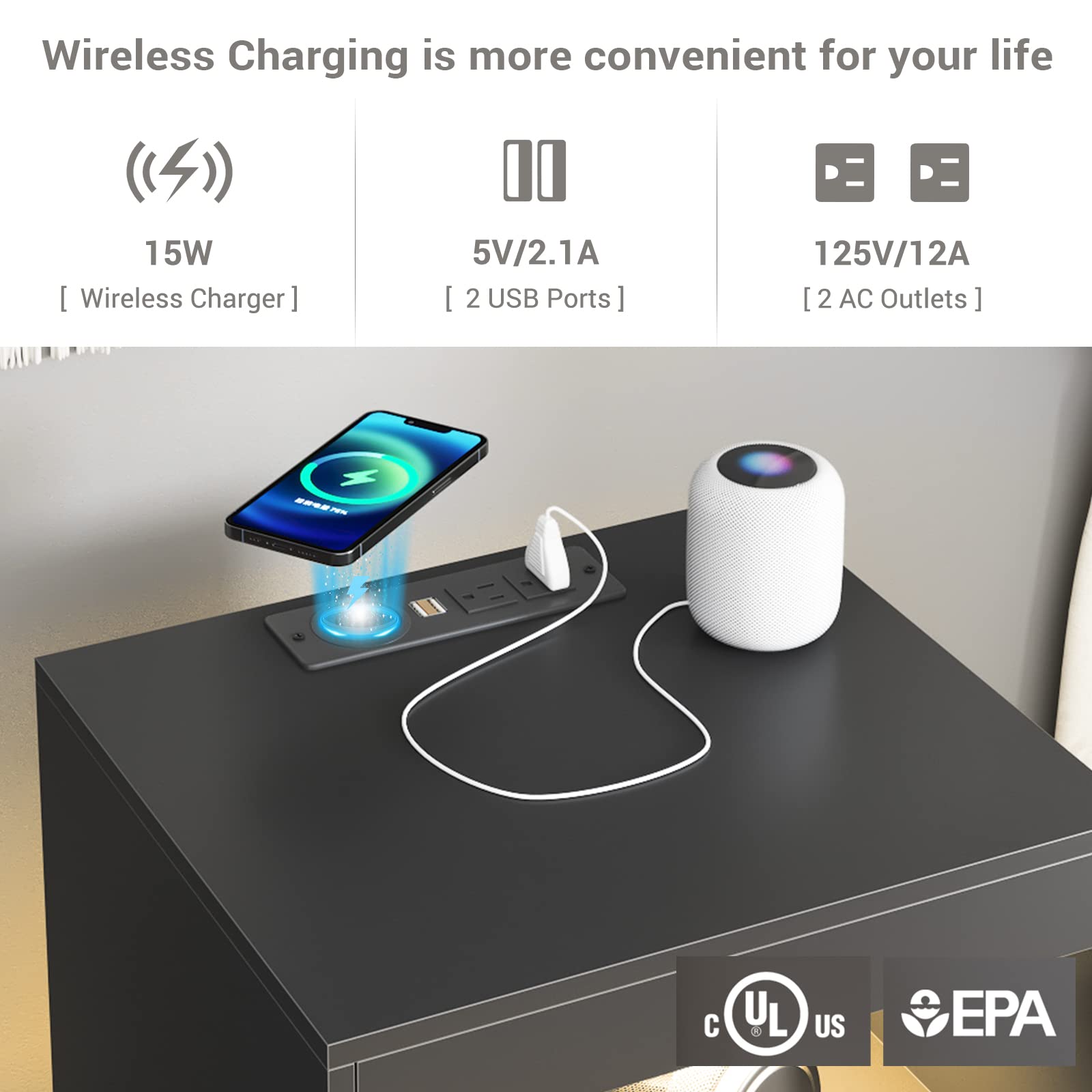 Tiptiper Black Nightstand with Wireless Charging Station and LED Lights, Bedside Table with 2 Drawers, Open Storage, 1 Pull-Out Tray, End Side Table with Charging Station, LED Night Stand with Storage