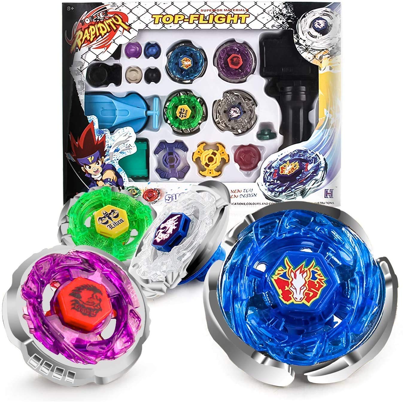 Bey Metal Fusion Blades Burst Turbo Evolution Battling Tops Master Starter Set Storm Pegasus/Flame Libra/Earth Eagle/ Lightning L-Drago with 4D Spinning Launcher Grip,Burst Gyro Toy Set Gift for Boys
