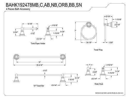Kingston Brass BAHK192478NB American Classic Towel Bar/Towel Ring/Toilet Paper Holder/Robe Hook, 18", Naples Bronze