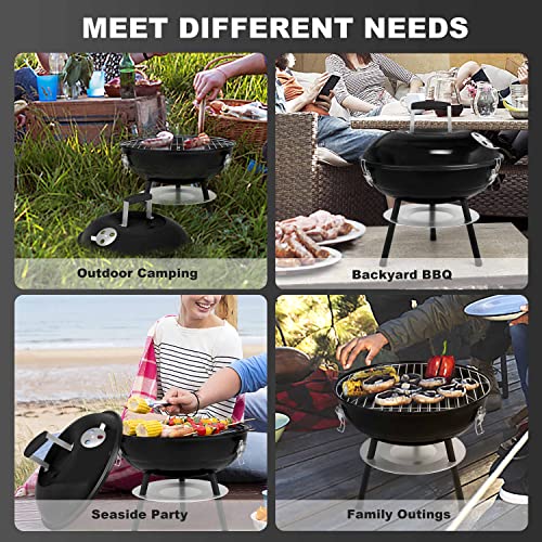 Joyfair Charcoal Grill with 2 Grilling Racks, 14in Small Portable BBQ Grill with Lid for Outdoor Camping/Patio/Backyard Barbecue/Tabletop Cooking, Enamel Coated & Dual Vent System, Black