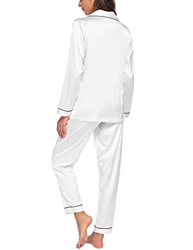 Ekouaer Women's Silk Pjs Set Satin Long Pajamas Top and Pants 2 Pieces Sleepwear with Pockets(White,Medium