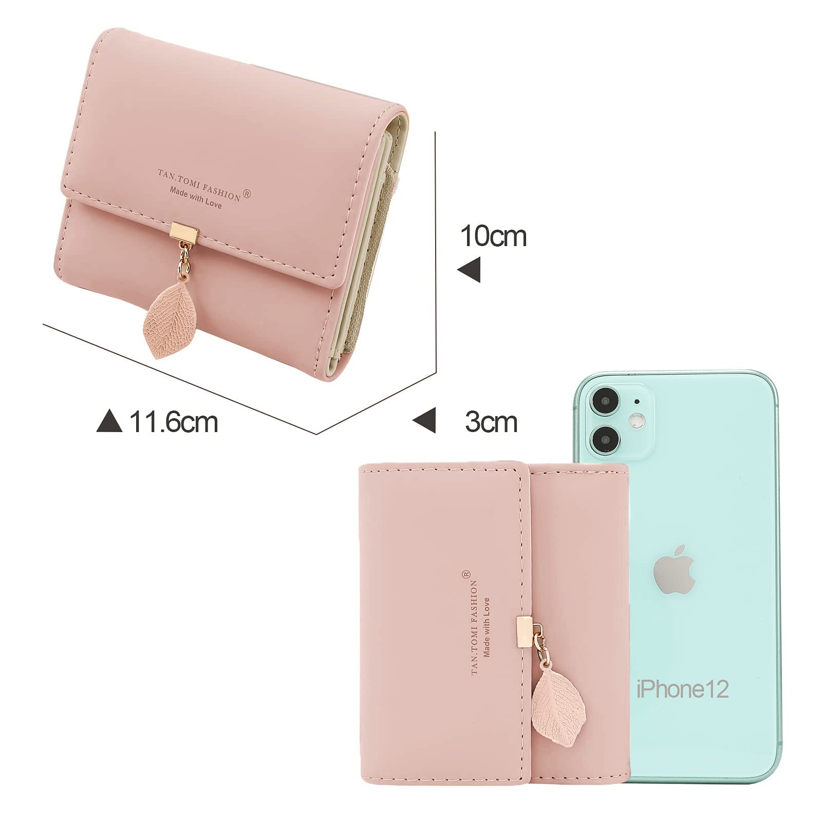 CALIYO Wallets for Women, Leaf Card Holder Trifold Small Wallets for Women , Silm Wallets Zipper Coins Pocket with ID Window,Pink