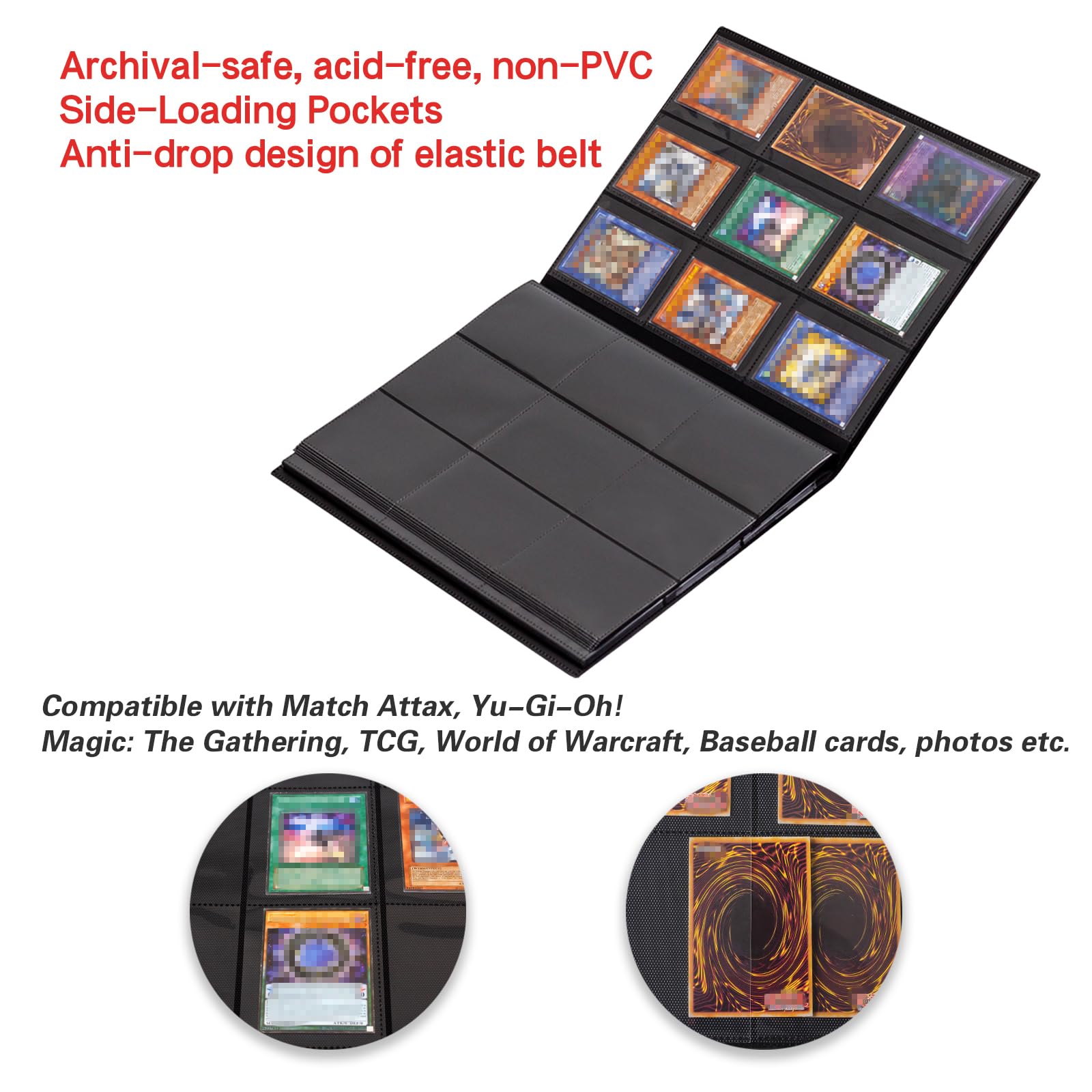 GEAoffice Card Binder, 9 Pockets Trading Card Album Folder, 360 Side Loading Pocket Binder for Sports&Game Cards, MTG and Other TCG, ATCs, Black