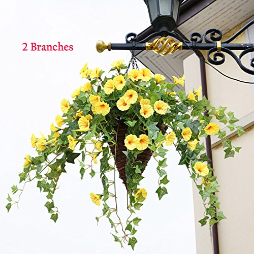 Calcifer 1 Branch(12 Stems/23 Flowers) Artificial Morning Glory Trumpet Flower Vine Plastic Flower Bouquet Hanging Wall Strings Flowers for Home Garden Wedding Party Decoration (Yellow)