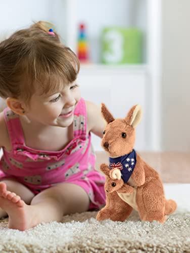 BOHS Plush Kangaroo with Australia Scarf and Removable Joey - Cuddly Soft Stuffed Mom and Baby Animals Toy- 11 Inches