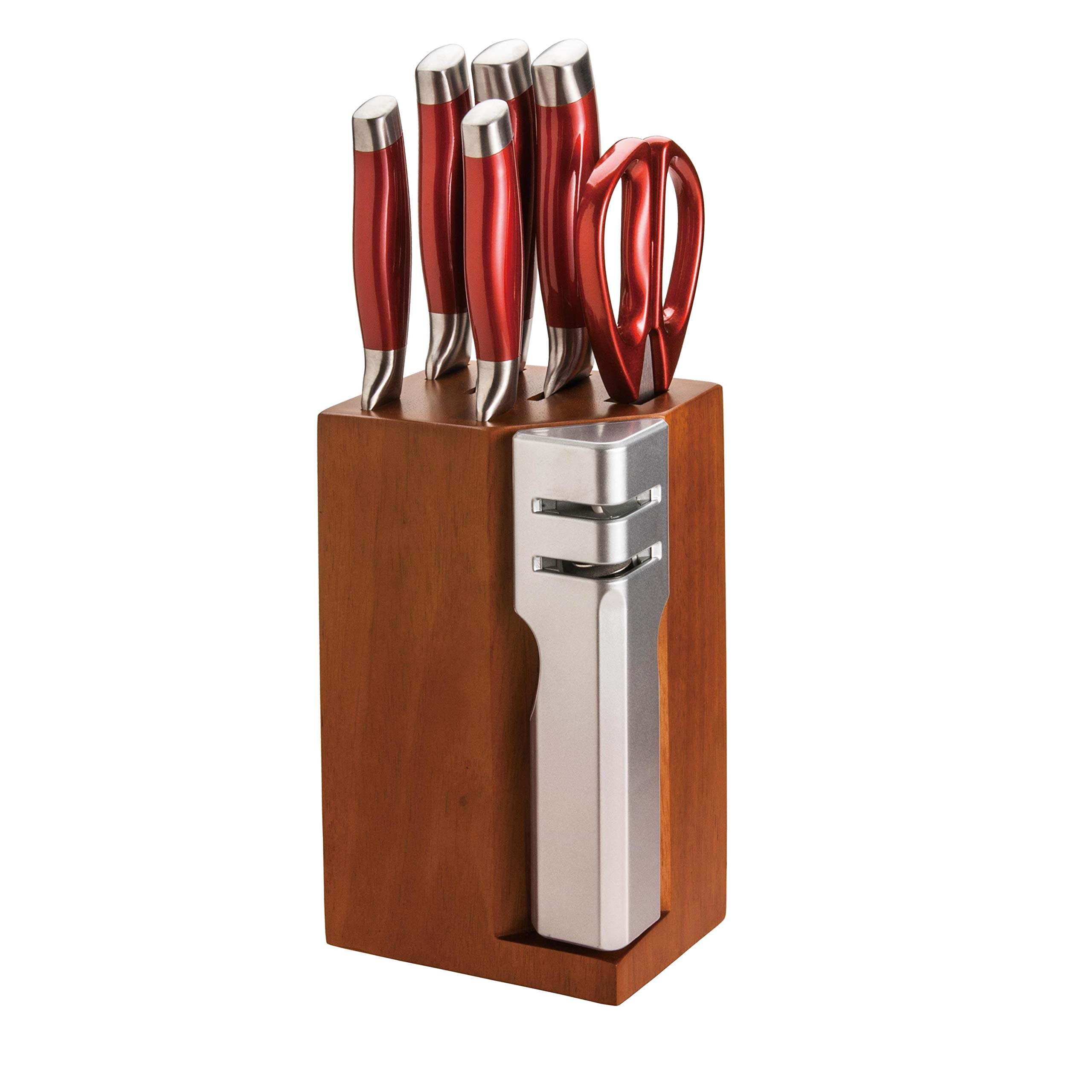 New England Cutlery 7- Piece Knife Block Set with Sharpener - Red