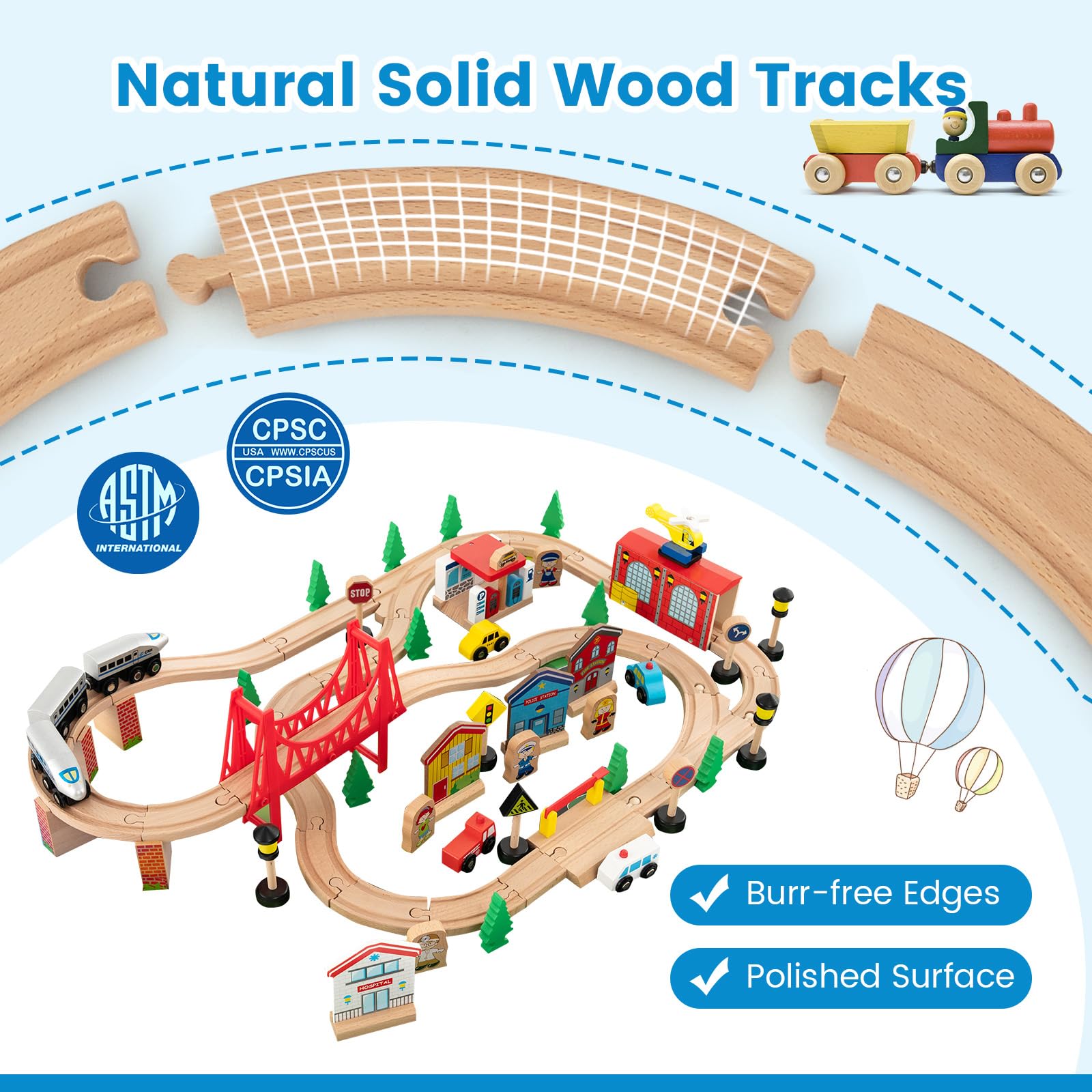 Costzon Train Table with 100 Multicolor Pieces, Wooden Kids Activity Table with Large Rolling Storage Drawer, Tracks, Cars, DIY Design, Train Set Table for Toddlers 3+, Gift for Boys Girls
