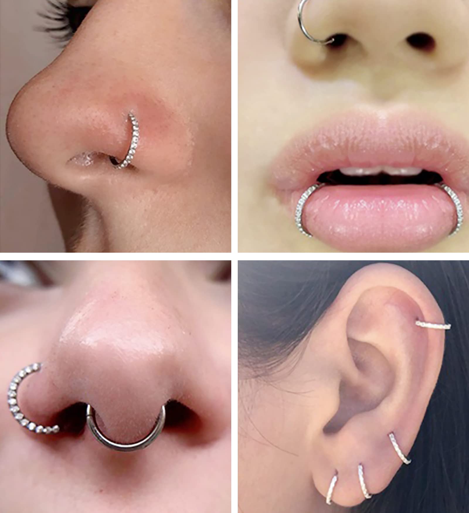 AJEVIE CZ Silver Nose Rings Hoops - 316L Stainless Steel Cartilage Earrings Piercing Jewelry Hinged Segment Rings Lip Rings Piercing Kit