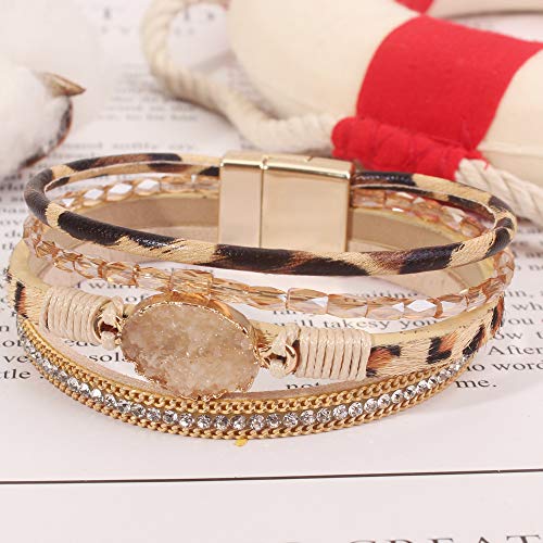 FANCY SHINY Leather Wrap Bracelet Boho Cuff Bracelets Crystal Bead Bracelet with Clasp Jewelry Gift for Women Teen Girls(7.7", Tan Leopard)