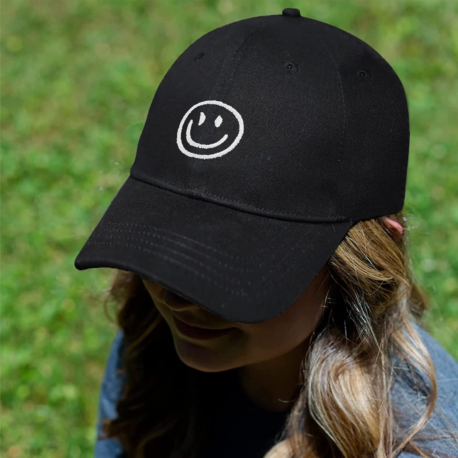 AJG Smiley Face Baseball Cap Men Women Cotton Adjustable Dad Hat Classic Casual Outdoor Unisex Trucker Hat (2Pack-Black&Yellow)