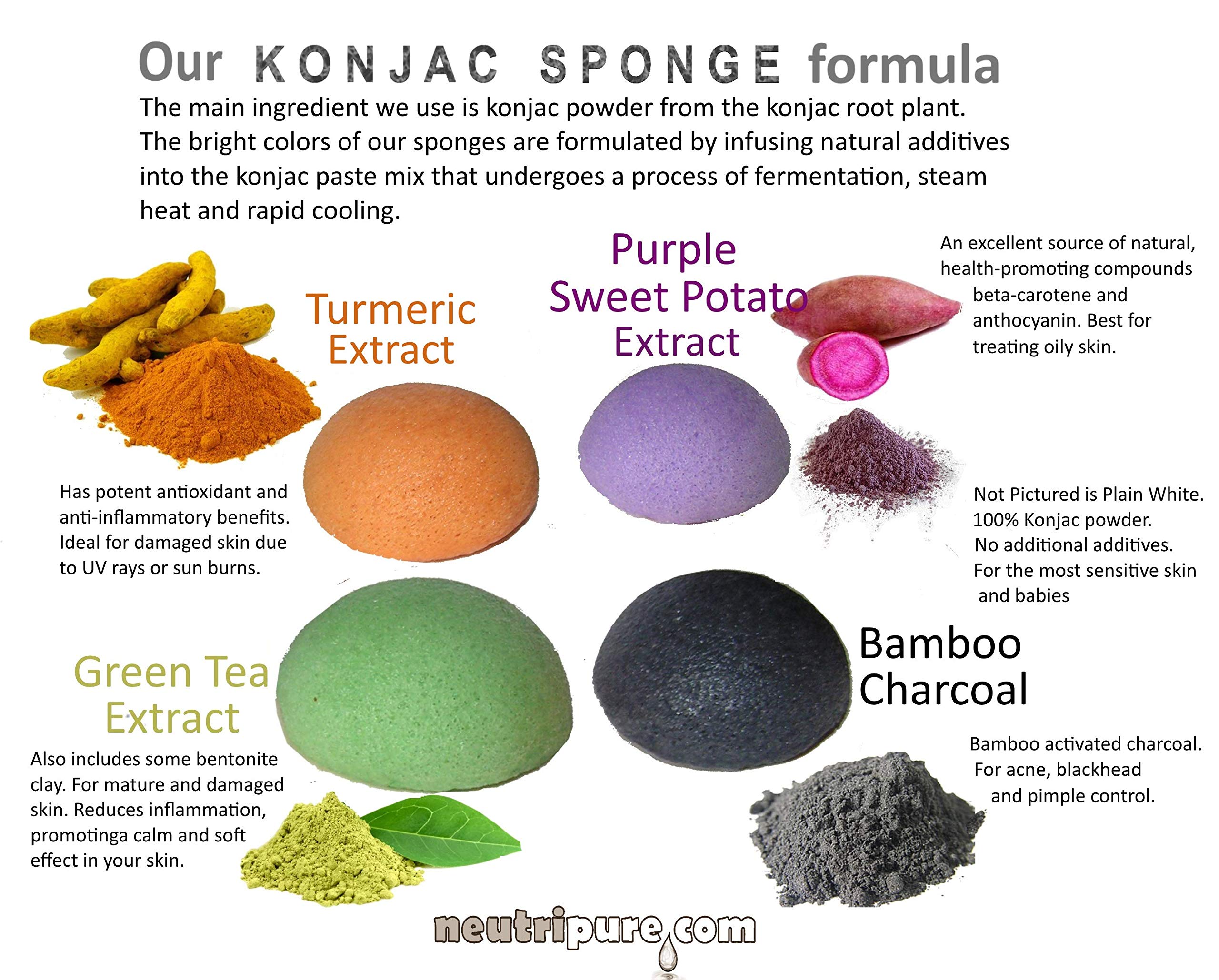 Konjac Sponge Set: Organic Skincare Facial for Natural Exfoliating and Deep Pore Cleansing 5 Piece Sampler Pack Infused with Charcoal, Turmeric, Green Tea
