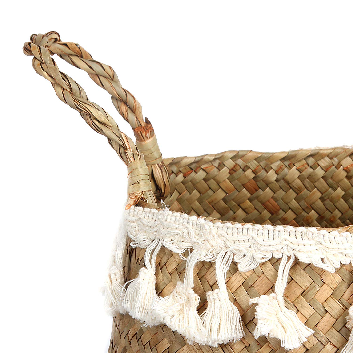 BlueMake Tassel Macrame Woven Seagrass Belly Basket for Storage, Decoration, Laundry, Picnic, Plant Basin Cover, Groceries and Toy Storage (Large, Tassel)