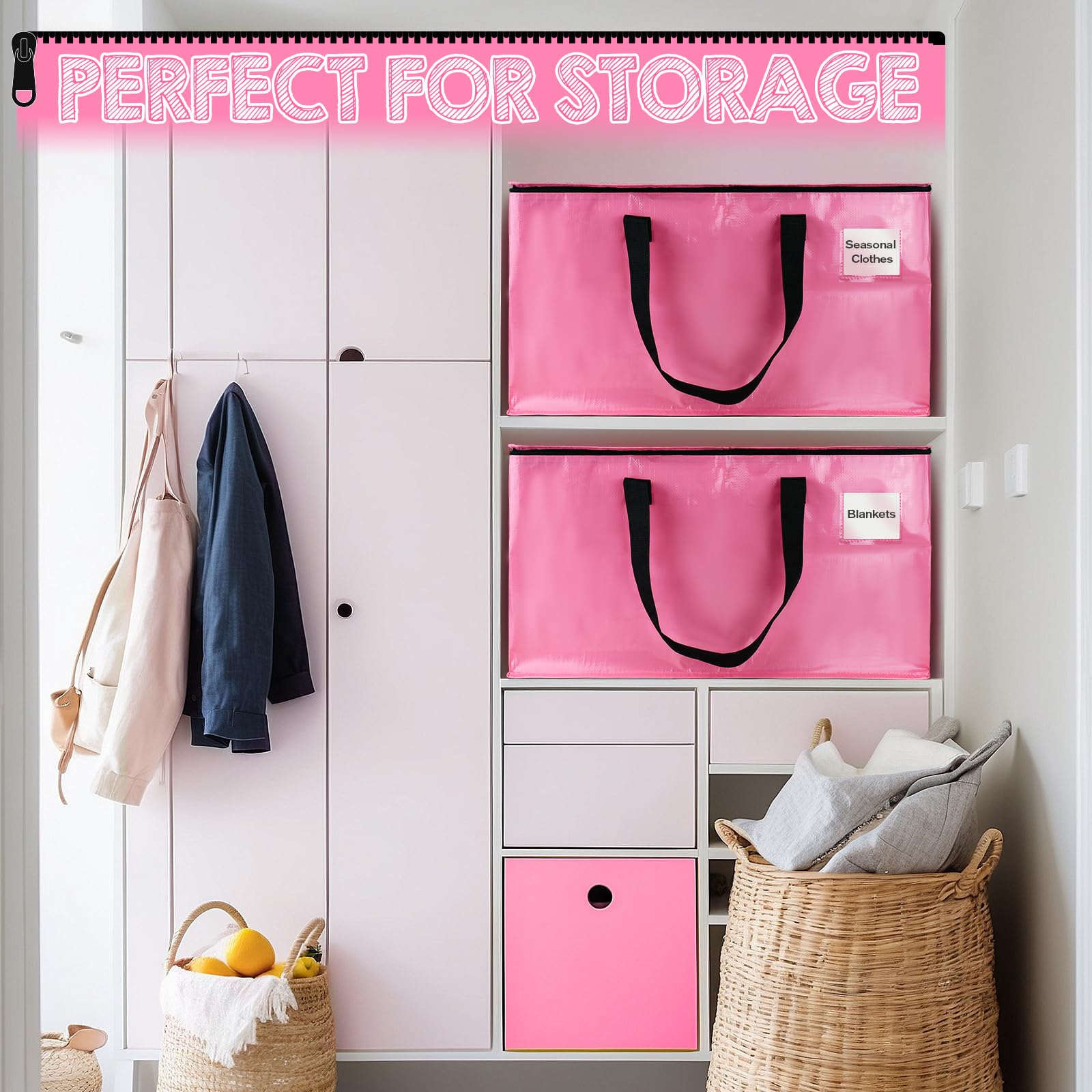 6 Pack Extra Large Moving Bags with Zippers & Carrying Handles, Heavy-Duty Storage Tote for Space Saving, Fold Flat, Water-Resistant, College Dorm Packing Supplies, Alternative to Moving Box - Pink
