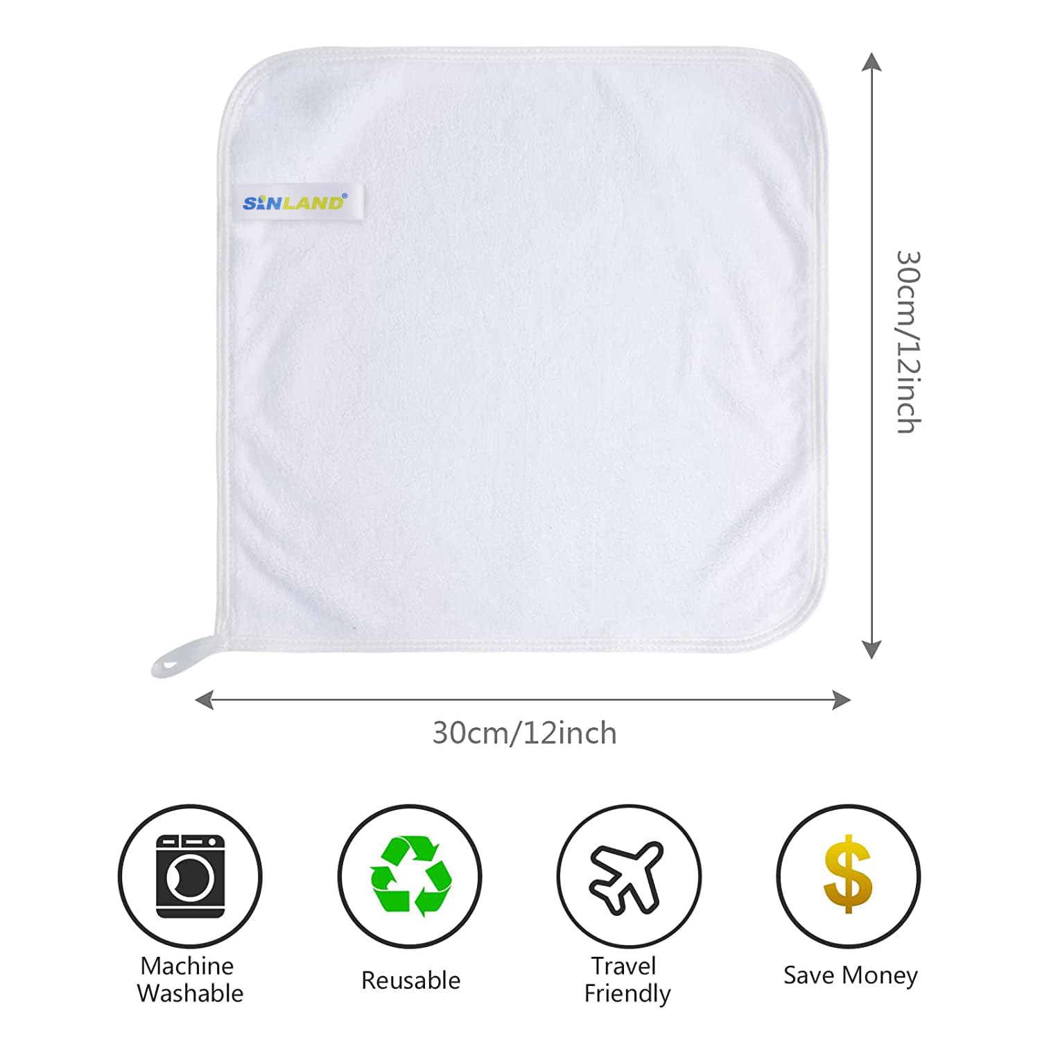 SINLAND Microfiber Face Cloths Reusable Makeup Remover Washcloths Super Soft and Absorbent Fingertip Face Towels for Sensitive Skin Women 12 x 12 Inch 3 Pack White