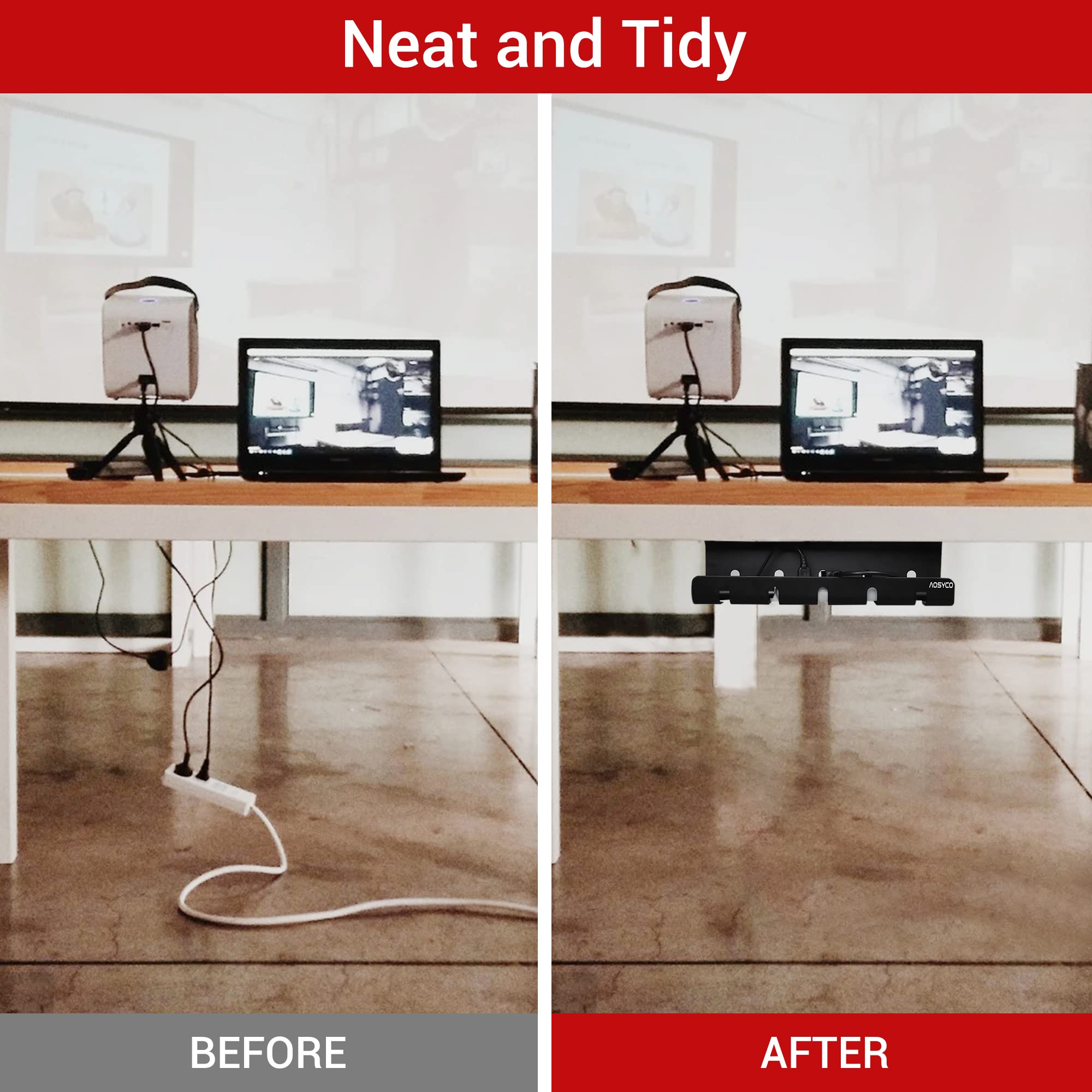 AOSYCO Under Desk Cable Management Tray, Alloy Steel, Perfect for Standing Desk Cord Organizer, No Drill for Under Table and Wire Management, Large Rack, Black Raceway Tray, 15.7in