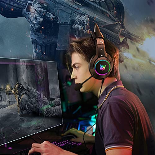 AJIJAR Gaming Headset with Removable Cat Ears, Compatible with PC PS4 PS5 Xbox One(Adapter Not Included) Mobile Phones, with Surround Sound, RGB Backlight & Noise Canceling Retractable Microphone