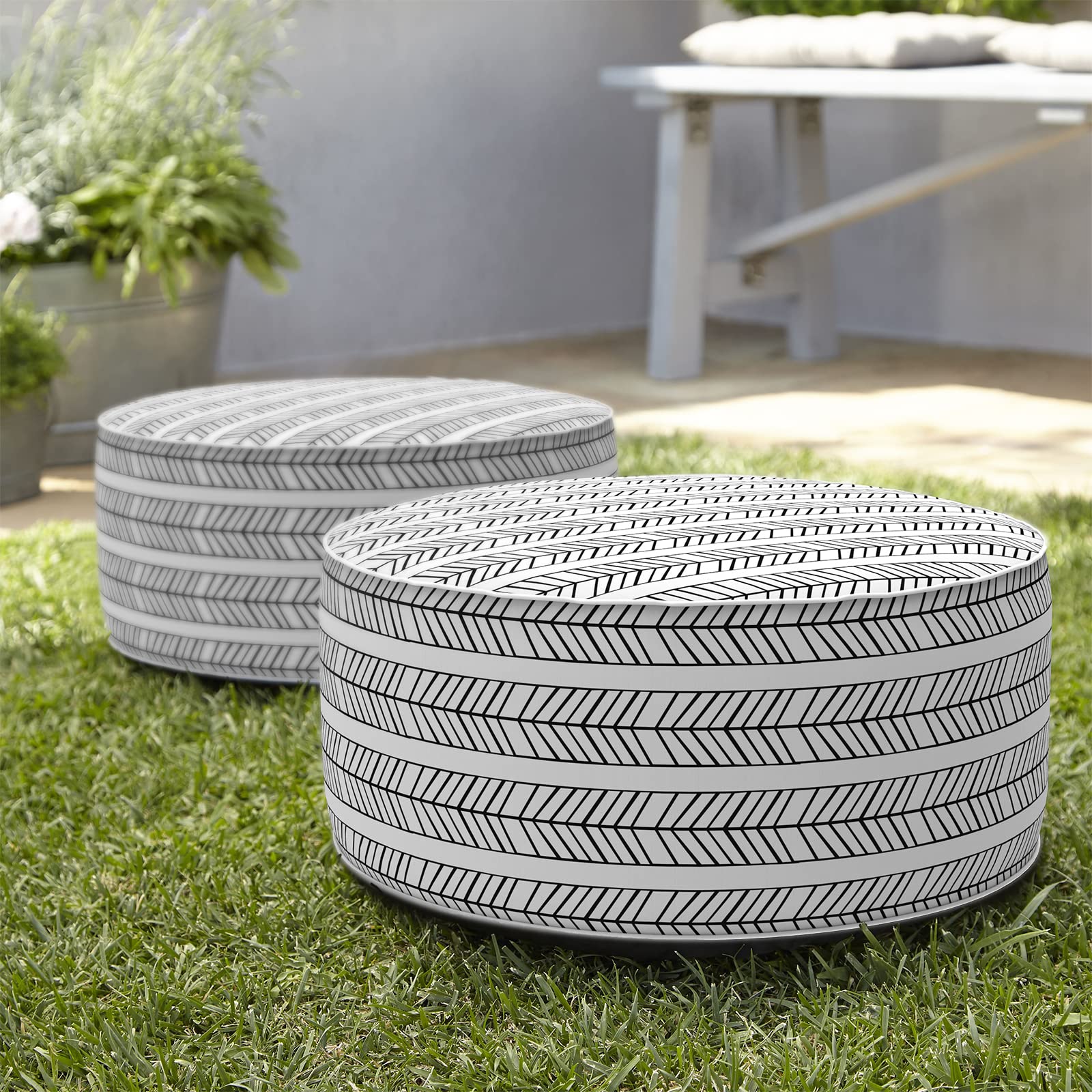 TWLEAR Indoor/Outdoor Inflatable Ottoman D21 x H9 inch, Round Footstool Inflatable Foot Rest Ottoman with Handle, Portable Ottoman Pouf for Patio, Garden, Camping, Home, Herringbone Black White