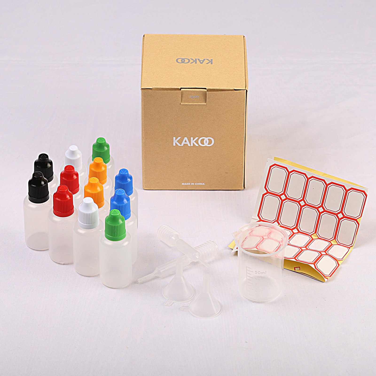 Dropper Bottles,KAKOO 12 Pcs 30ml Plastic Squeezable Liquid Bottle with Childproof Cap,Thin Tip,Funnel,Measuring Cup,Pipette for E-liquids DIY Craft