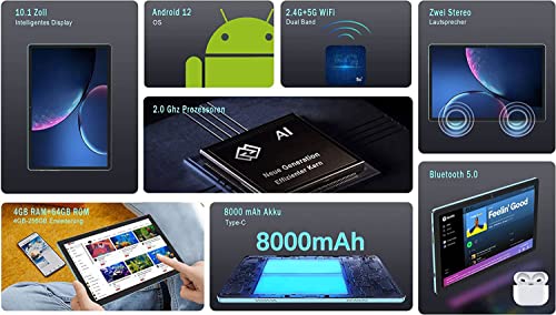 JUSYEA 2023 Tablet 10 Inch Android 12 Tablets J10 Tablet 4GB RAM, 64GB+128GB ROM, 2.0Ghz Octa-core processors-8000mAh Battery, 5G+2.4G Wi-Fi, Bluetooth 5.0, Metallic Body with Case+Stylus- Gold