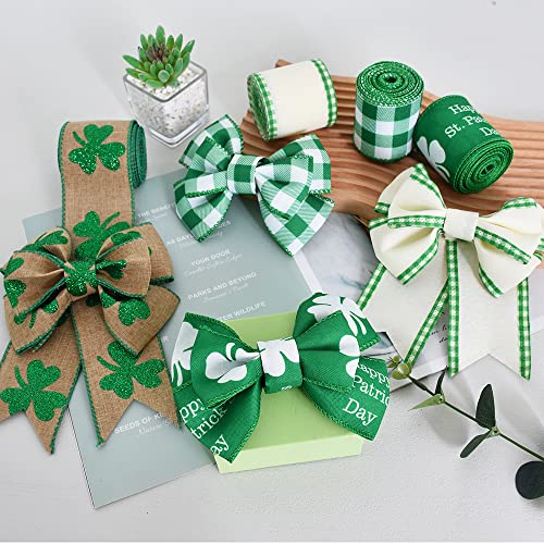 TONIFUL Green and White Wired Burlap Ribbon, 2.5 inch x 6yd, Green Plaid Check Ribbons for St Patrick's Day Decor,Spring Summer Wreath Making, Bows Crafts Gift Wrapping