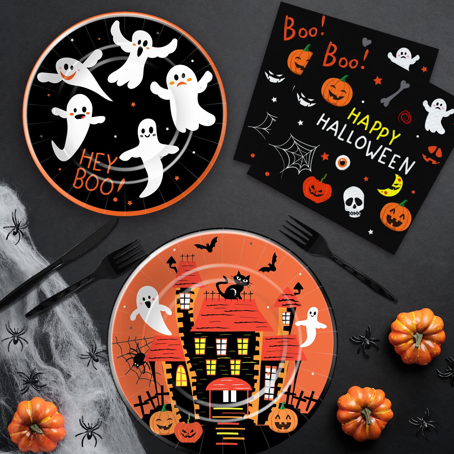 APOWBLS Halloween Decorations Party Tableware - Halloween Party Supplies, Halloween Birthday Plates, Napkins, Cups, Tablecloth, Cutlery, Straws, For Halloween Party Decorations Dinnerware | Serves 24