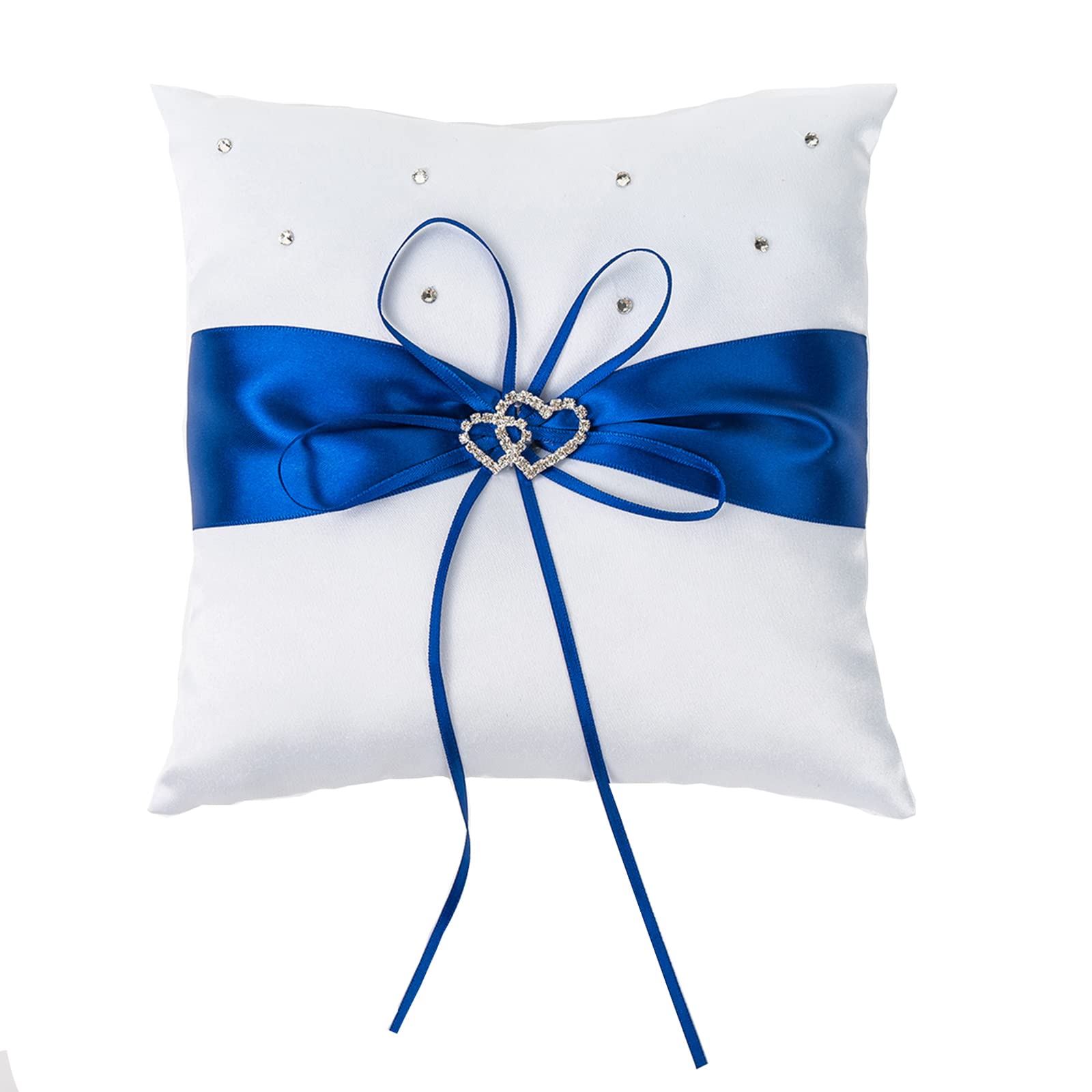 ARKSU Ring Bearer Pillow Cushion 7.8 x7.8 inch with Satin Ribbon 2 Heart Rhinestones for Rustic Bridal Wedding Shower Ceremony-Dark Blue