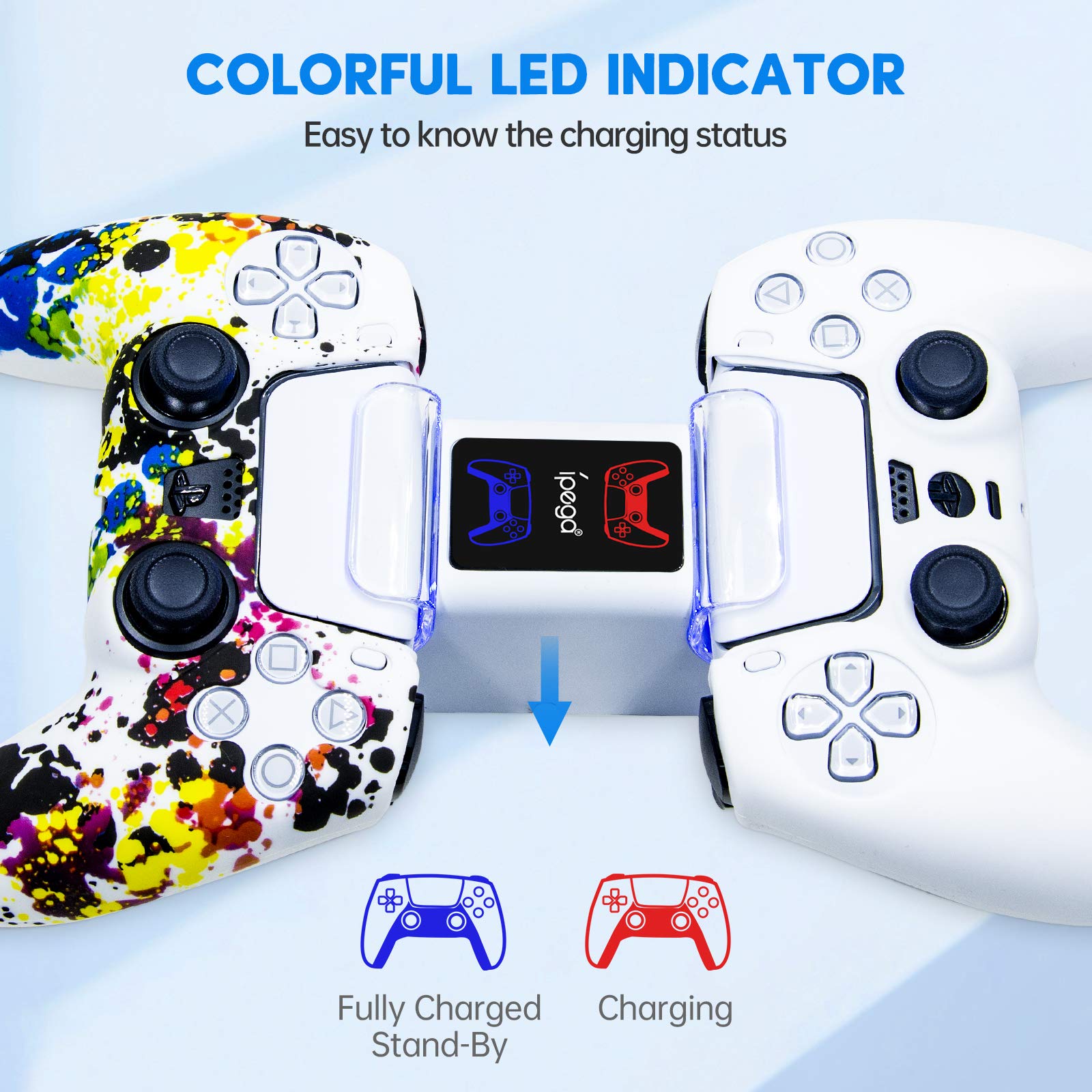 Upgraded PS5 Controller Charger with Thumb Grip Kit, Ipega DualSense Charging Station with LED Indicators, Dual USB Type C Fast Charging and Safety Chip Protection for Sony Playstation 5 Controllers