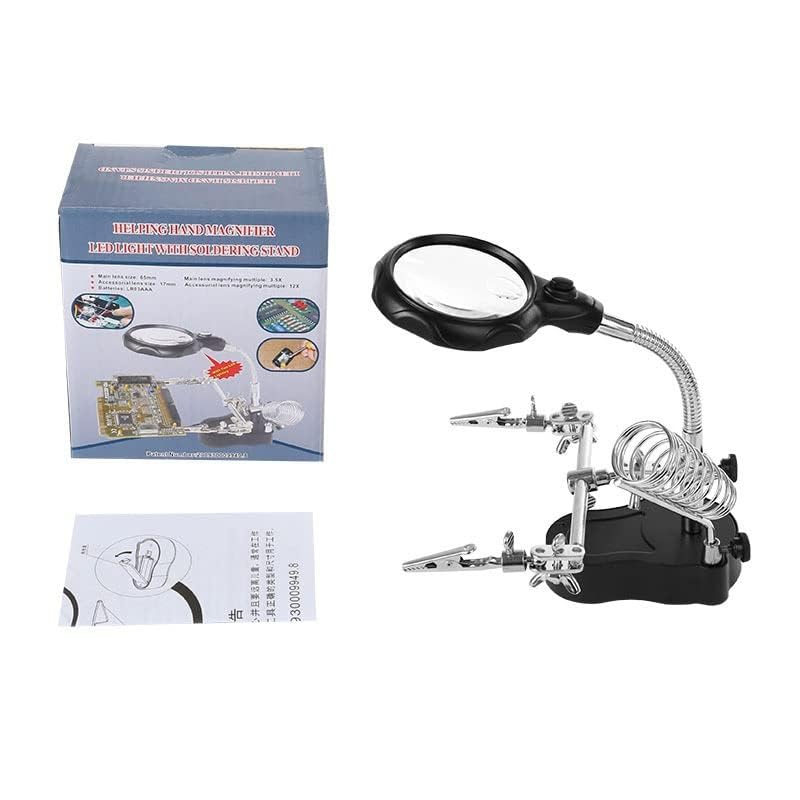 Adjustable Helping Hands Soldering Station, 3.5X 12X Magnifying Glass LED Lighted Magnifier with Auxiliary Clips Alligator Clamp Repair Tools Kit for Craft Carving Soldering, Assembly (Modern)