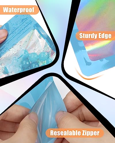 Holographic Bags Packaging Bags 300 PCS Blue Resealable Bags with Clear Window for Food Storage Small Business (Outer Size 3.54x5.31 Inch/Inner Size 3x4 Inch)