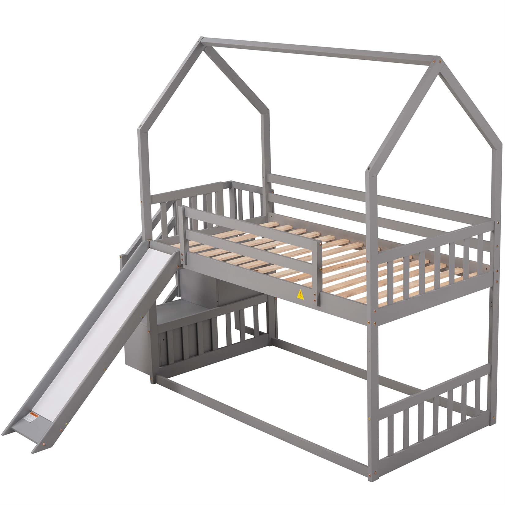 Bellemave House Bunk Beds with Stairs and Slide Low Twin Over Twin Solid Wood Floor Bunk Bed for Kids Girls Boys Teens, Gray