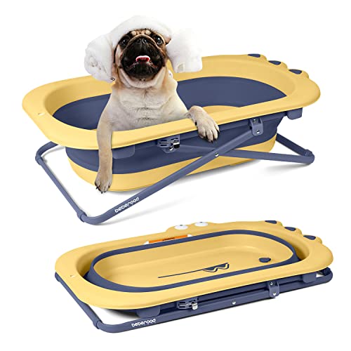 BEBEROAD PETS Pet Bathtub Collapsible Pet Bath Tub Height Adjustable Portable Dog Cat Bathing Tub for Small Medium Pets-Foldable Pet Shower Tub with Drainage Hole, Yellow, 23.6 x 12.6 x 8.3 Inches