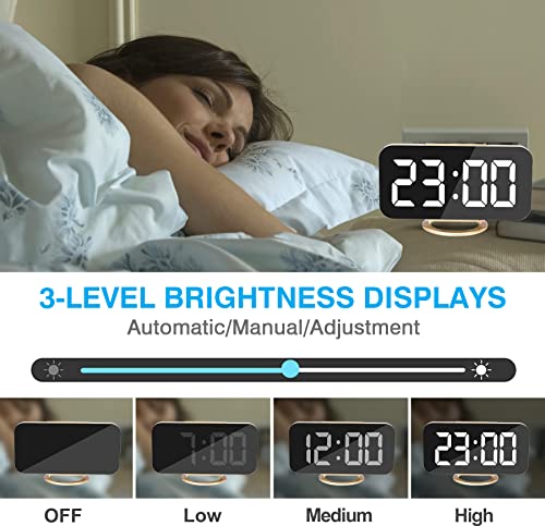Digital Alarm Clock,6" Large LED Display with Dual USB Charger Ports | Auto Dimmer Mode | Easy Snooze Function, Modern Mirror Desk Wall Clock for Bedroom Home Office for All People (Gold)