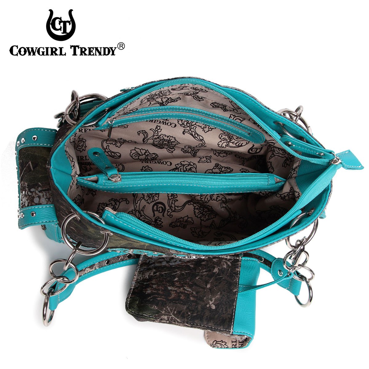 Camouflage Cross Western Style Studded Handbag Concealed Carry Purse Country Women Shoulder Bag Wallet (Turquoise Set)