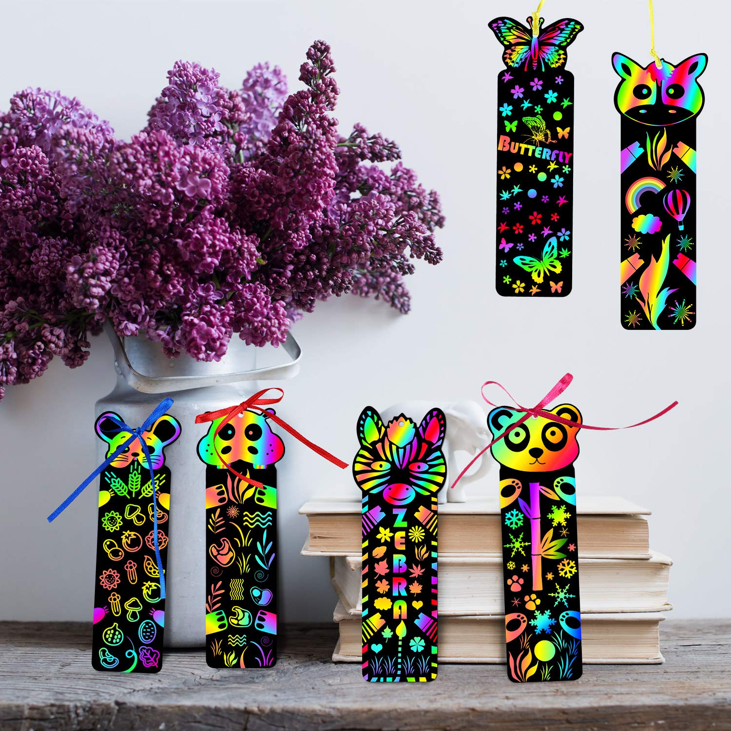 Blulu 100 Pieces 20 Styles Valentines Animal Scratch Bookmarks for Kids Magic Scratch Bookmarks DIY Bookmark Crafts with 100 Pieces Ropes and 20 Pieces Wood Stylus for Boys Girls Students Classroom