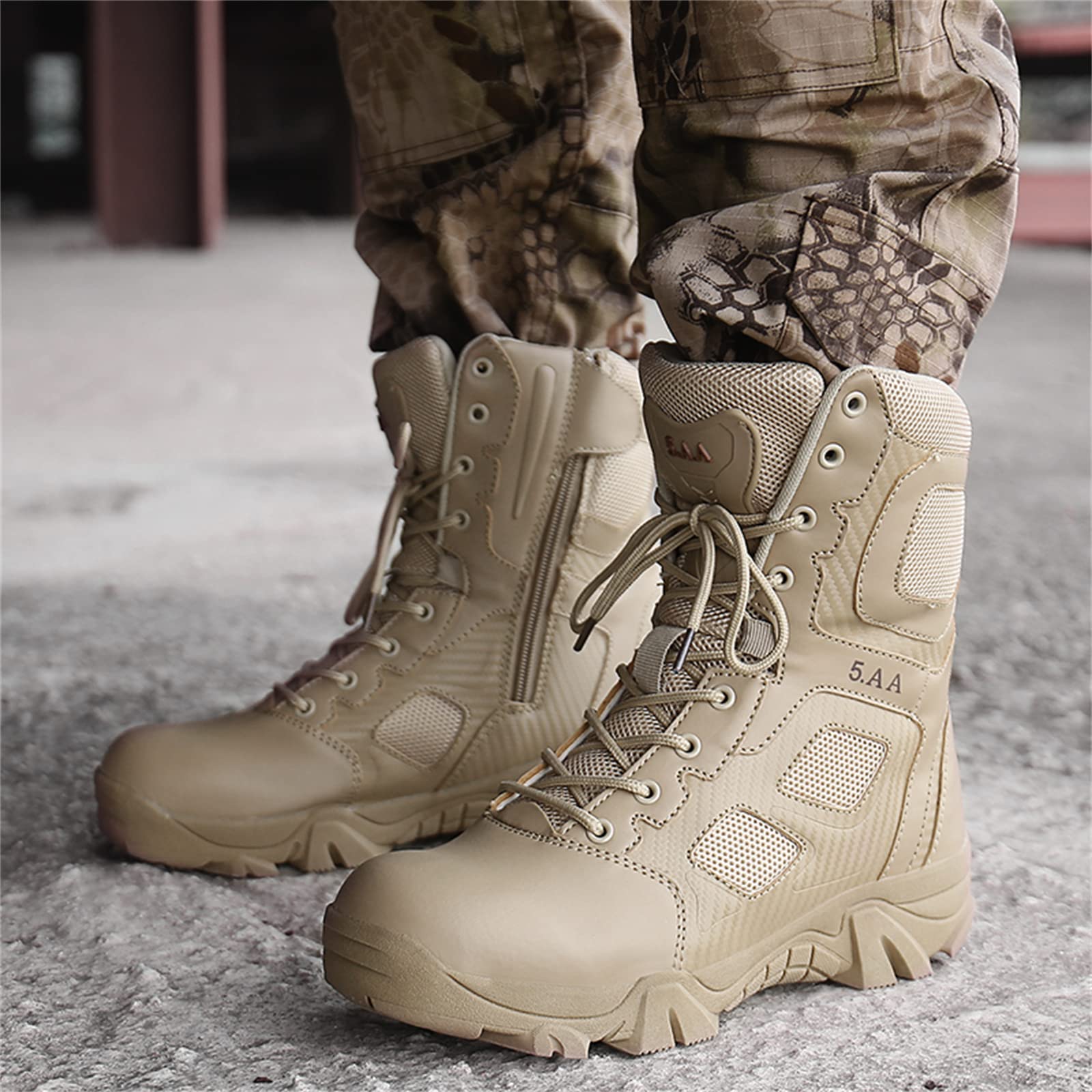 AIRAVATA Combat Boots with Zipper Mid Ankle Military Hiking Boots Waterproof Lightweight Durable Hunting Leather Brown Combat Boots Size 10