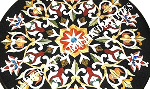 Black Marble Inlay Coffee Table Top, Pietra Dura Dining Table Top, Stone Inlaid Wall Decor, Centre Piece, Piece Of Conversation