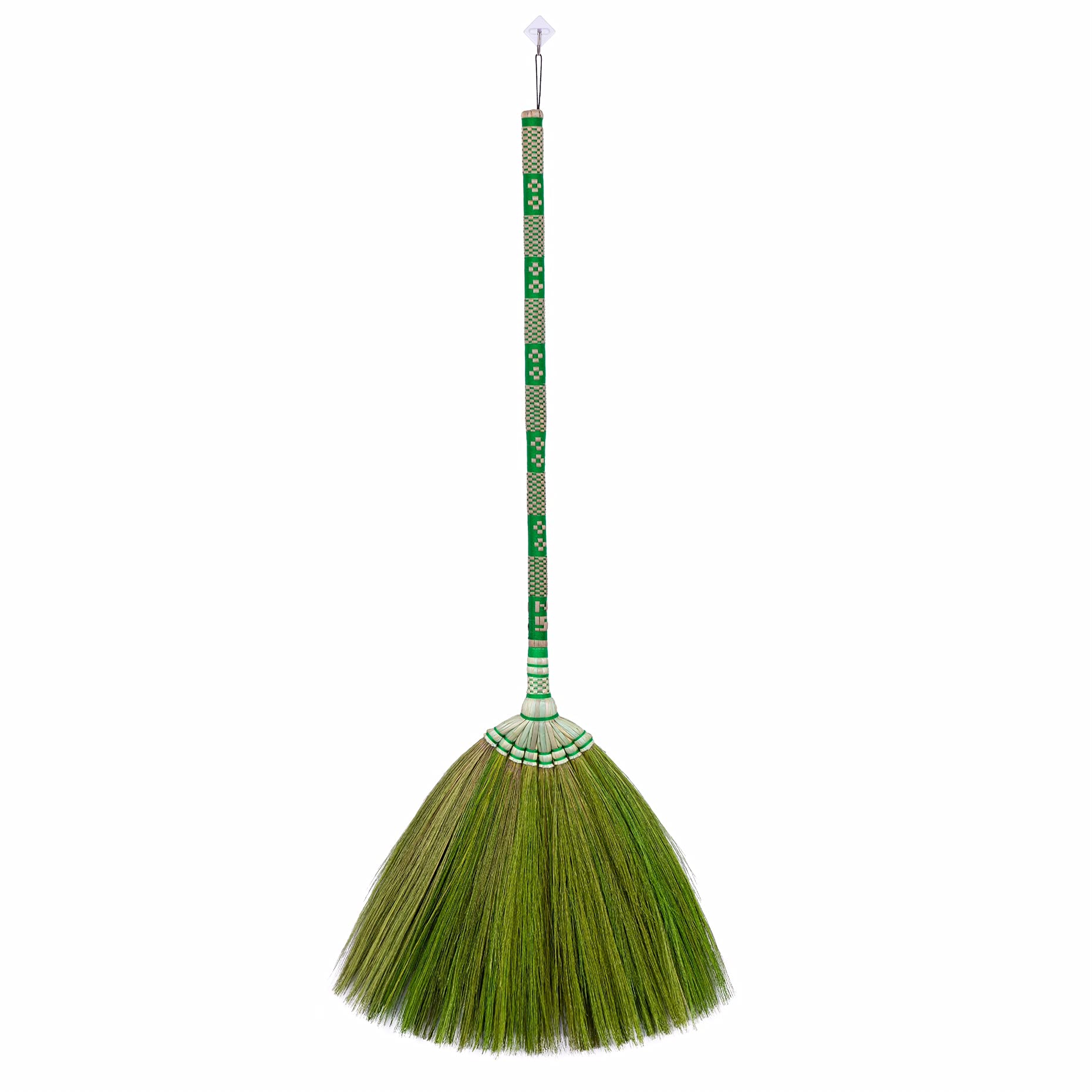SN SKENNOVA Asian Broom -Beautiful Handmade Retro Grass Broom with Traditional Thai Embroidery On 24" Bamboo Handle, Thick & Sturdy for Unique Wall Decor & Cleaning.