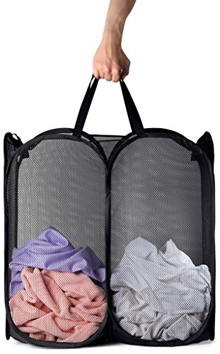 Mesh Popup Laundry Hamper - Two Compartments, Collapsible for Storage and Easy to Open. Folding Pop-Up Clothes Hampers are Great for The Kids Room, College Dorm or Travel. (Black)
