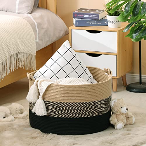 KAKAMAY Large Cotton Rope Blanket Basket (20"x13"),Woven Baby Laundry Hamper,Blanket Basket for Nursery, Laundry, Living Room, Pillows, Toys(Jute/Black)