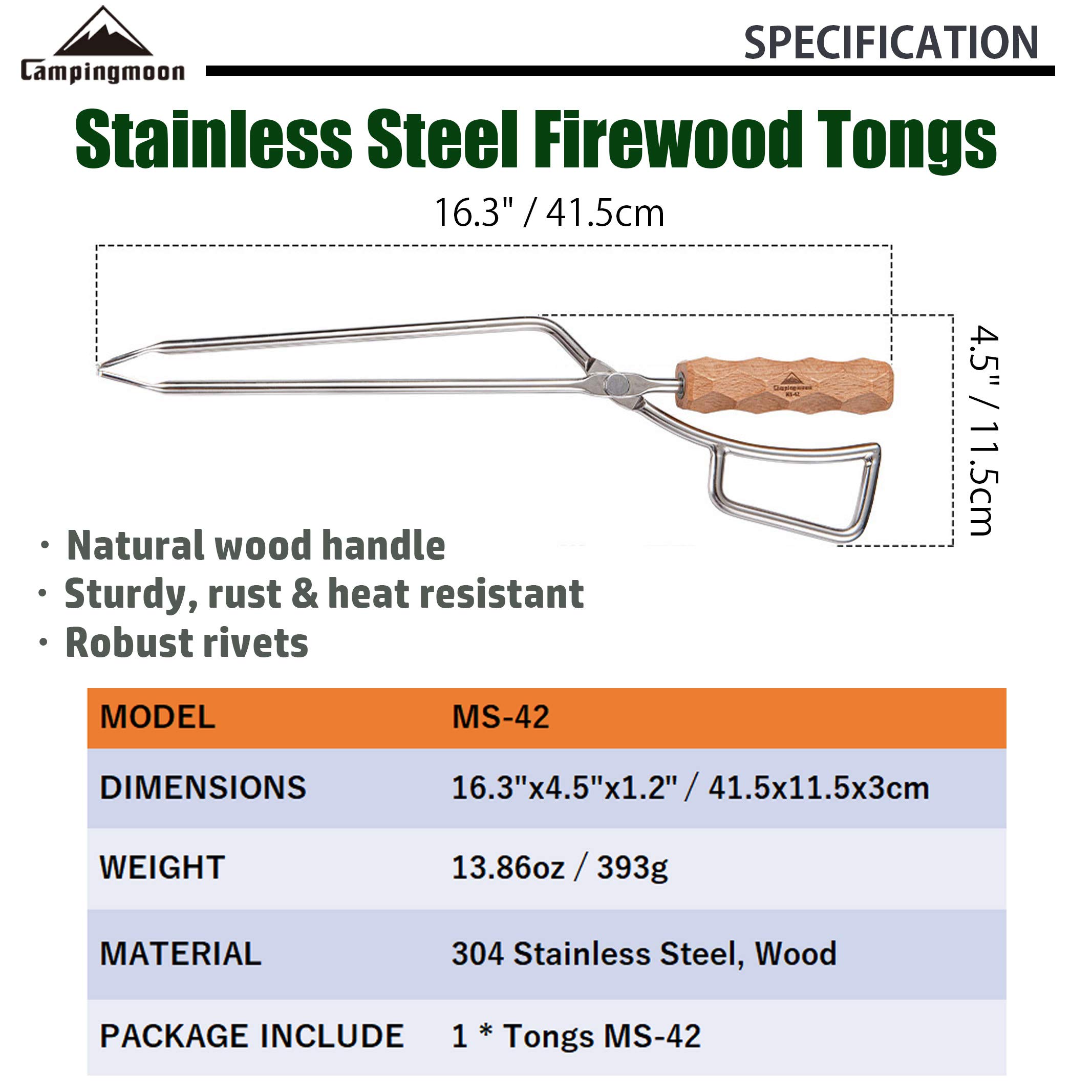 CAMPINGMOON Stainless Steel Fireplace Firewood Tongs MS-42