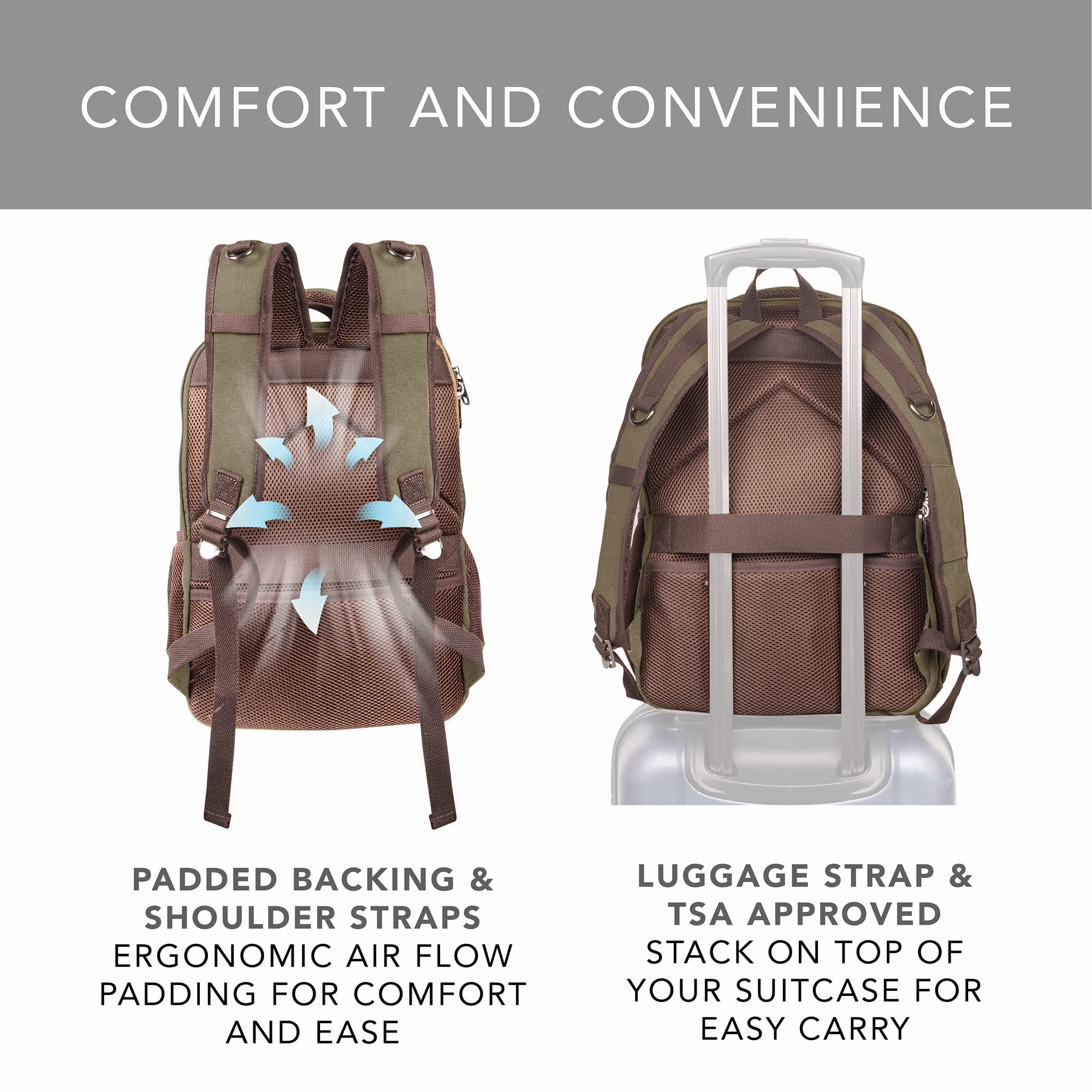 Ama Dablam Canvas Backpack | 18” Laptop Pocket | XL Size - 30L | Many Pockets | Durable Zippers (Olive)