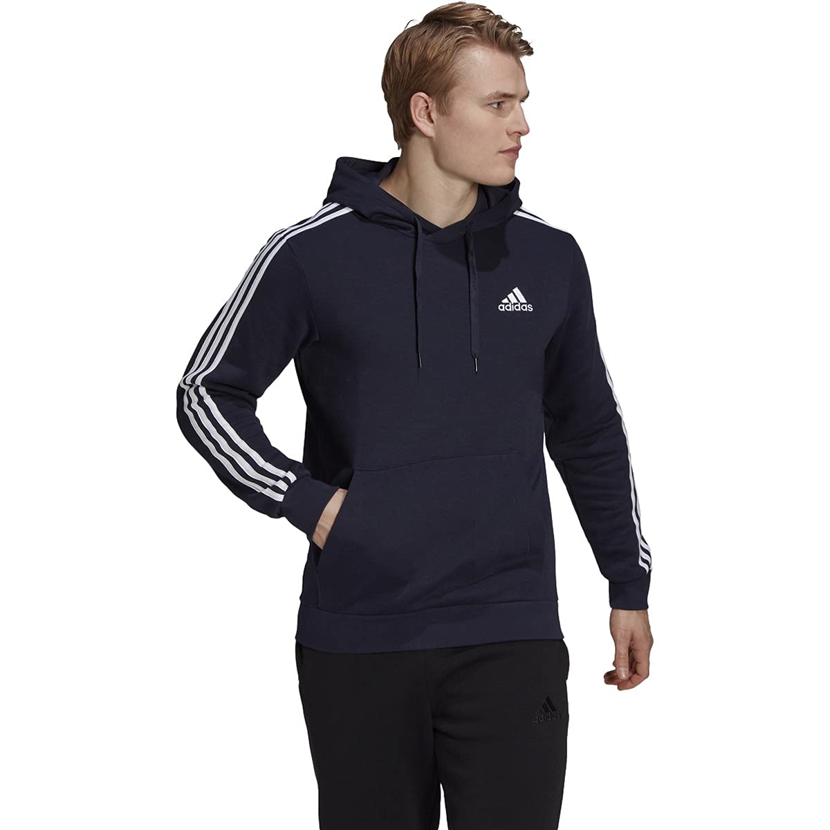 adidas Men's Standard Essentials Fleece 3-Stripes Hoodie, Legend Ink/White, Medium
