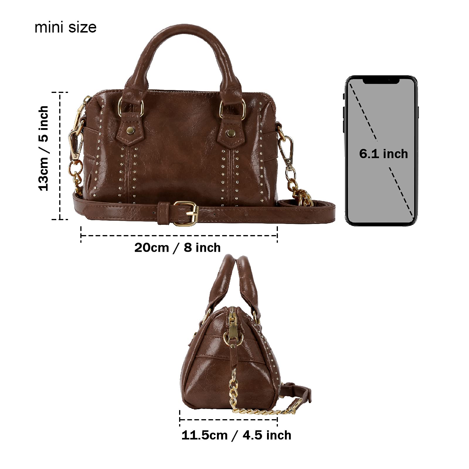 LUCSIS Women's rivets studded crossbody bag purse handbag small light weight cute mini bag PU leather (Coffee)
