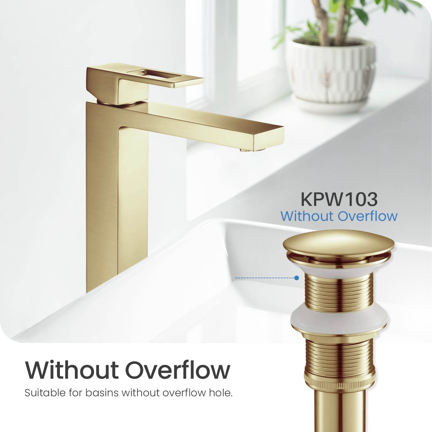 KIBI Bathroom Sink Pop Up Drain Without Overflow (Full Cover) | Lavatory Vanity Drain Stopper (Brushed Gold) (KPW103)