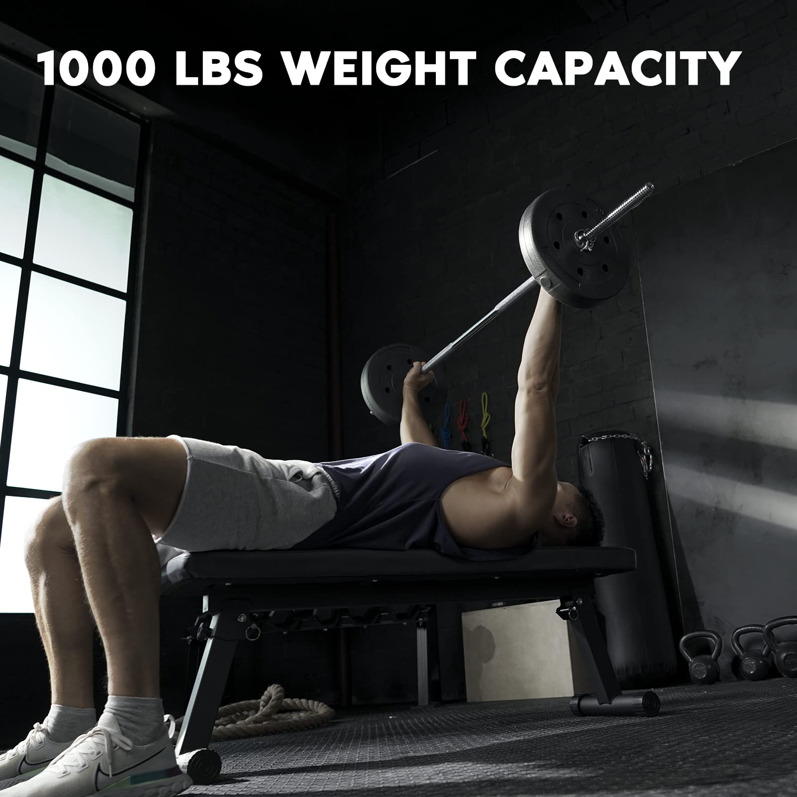 FLYBIRD Flat Weight Bench Foldable 1000 LBS Weight Capacity for Strength Training Bench Press, 45.3 Inches Long Workout Benches for Home