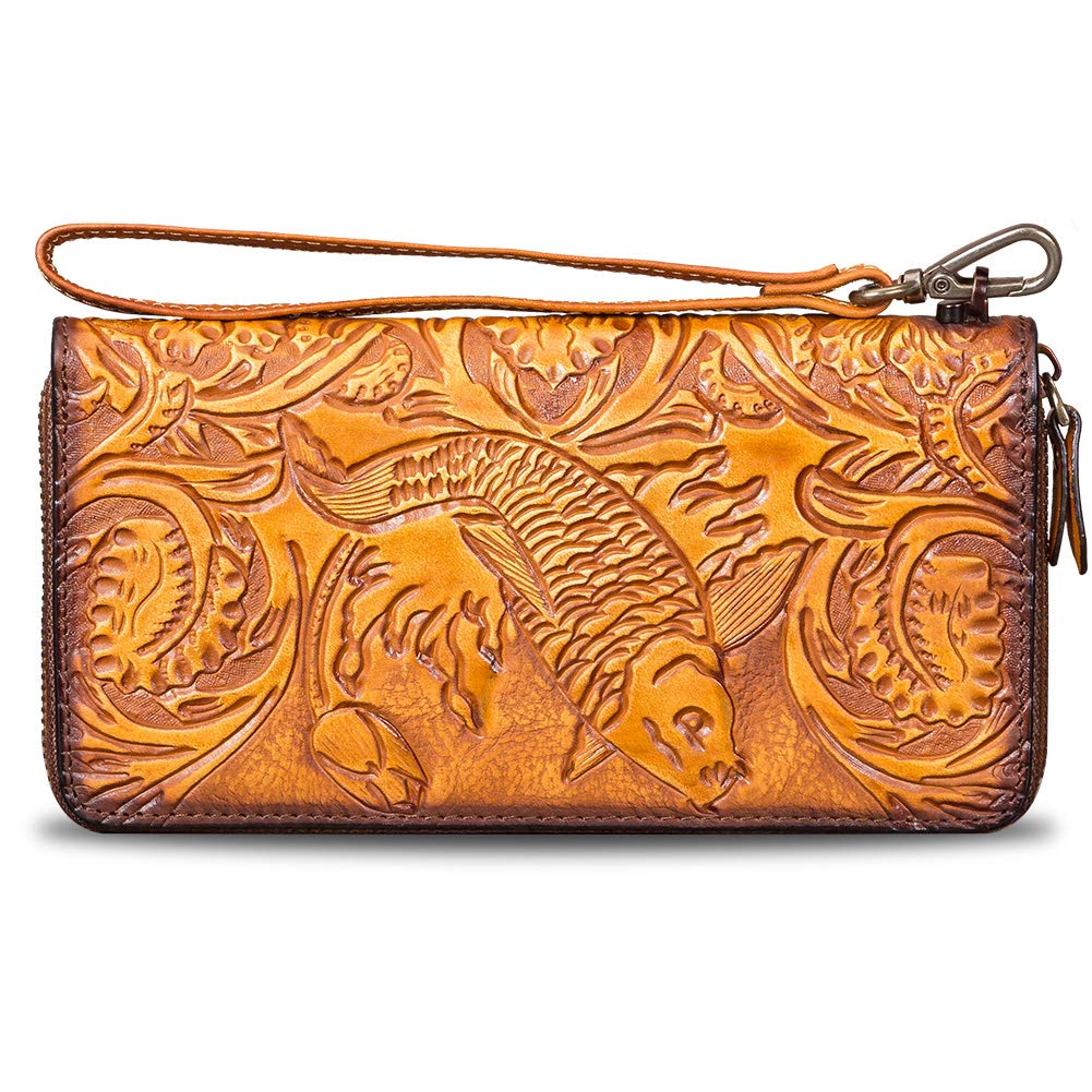 Genuine Leather Wallet Women's Zip Around Wristlet Long Purse Vintage Embossing Cowhide Capacity Handmade Clutch (Brown)
