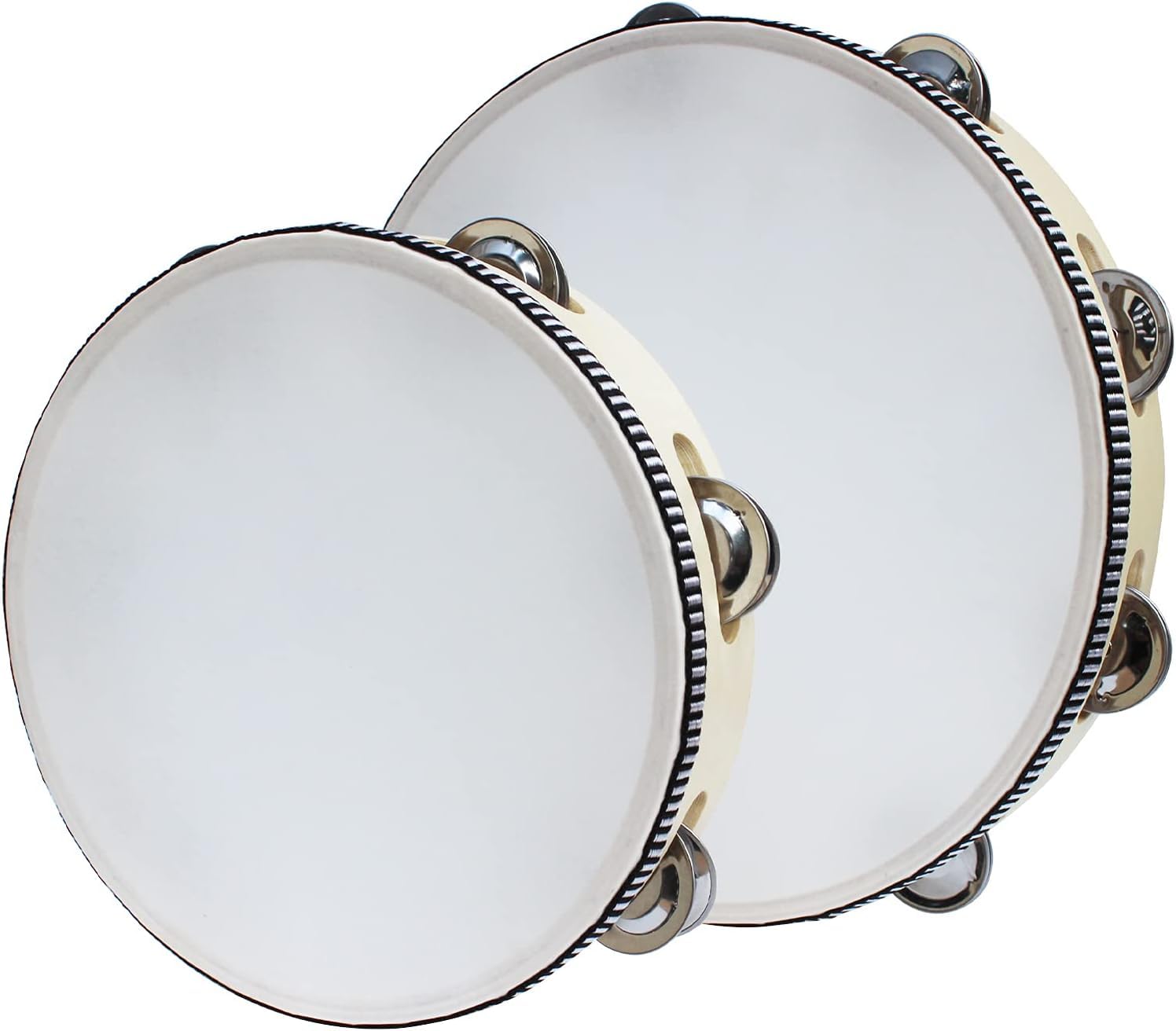 RSYJ Tambourine for Adults, 2 Pieces (10 Inch and 8 Inch) Wood Hand Held Tambourine, Tambourines with Jingle Bells Single Row, 1005RSYJ