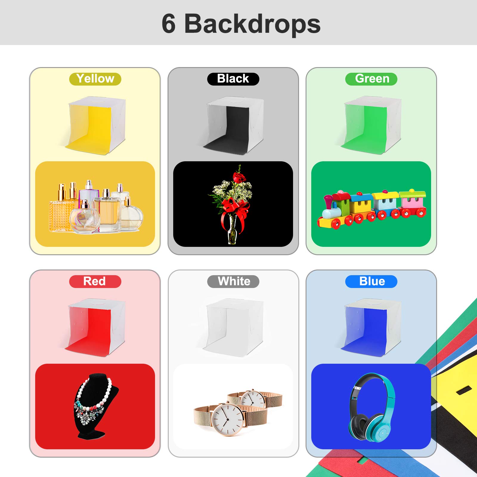 Mini Photo Studio Box, 9 x 9 Inches Shooting Tent Kit, Foldable Photography Booth With 2 x 20 LED Beads + 6 Colors Backdrops